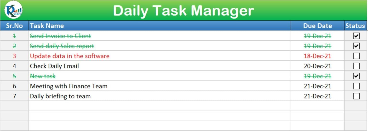 Automated Daily Task Manager with auto Check boxes - PK: An Excel Expert