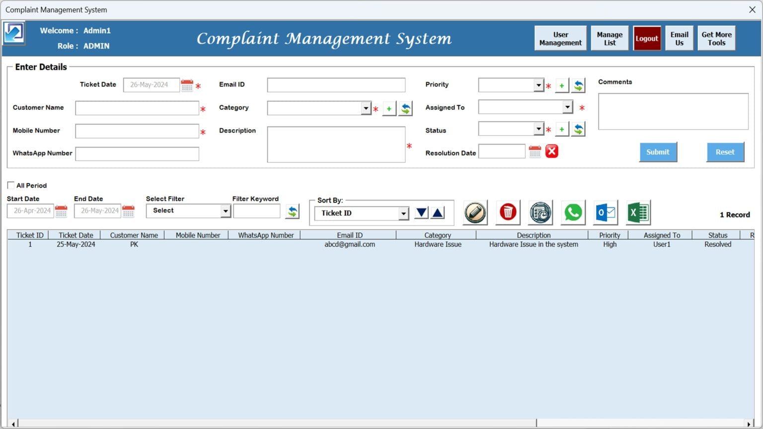 Complaint Management System V1.0 in Excel - PK: An Excel Expert