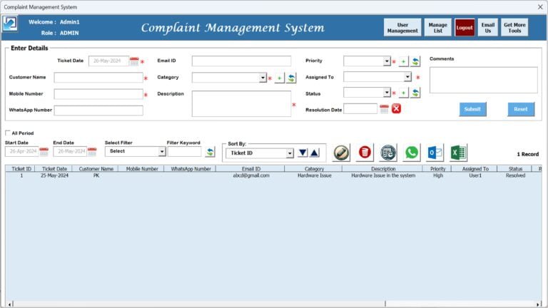 Complaint Management System V1.0 in Excel - PK: An Excel Expert