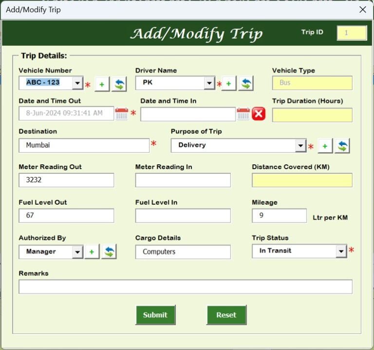 Vehicle Movement Register System V1.0 - PK: An Excel Expert