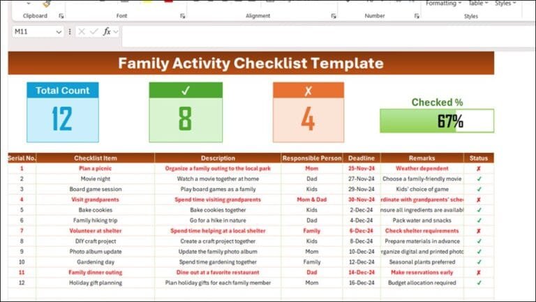 Family Activity Checklist Template in Excel - PK: An Excel Expert