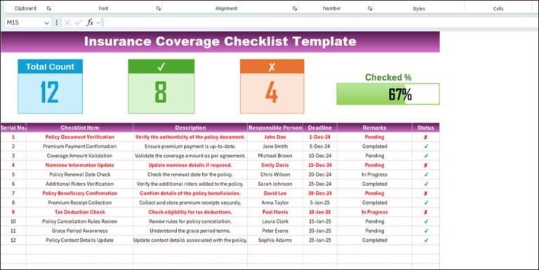 Insurance Coverage Checklist Template in Excel - PK: An Excel Expert