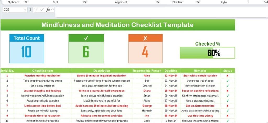 Mindfulness and Meditation Checklist Template - PK: An Excel Expert
