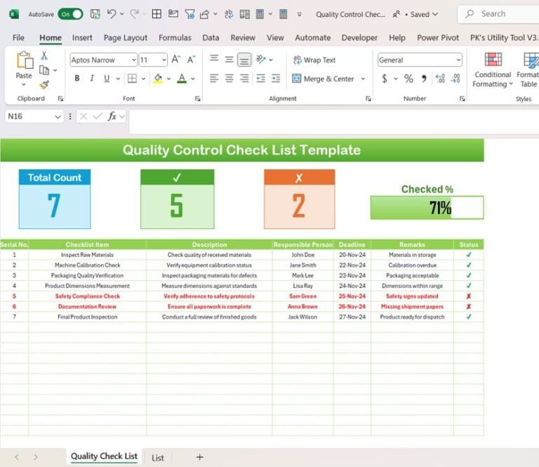 Quality Control Check List Template in Excel - PK: An Excel Expert