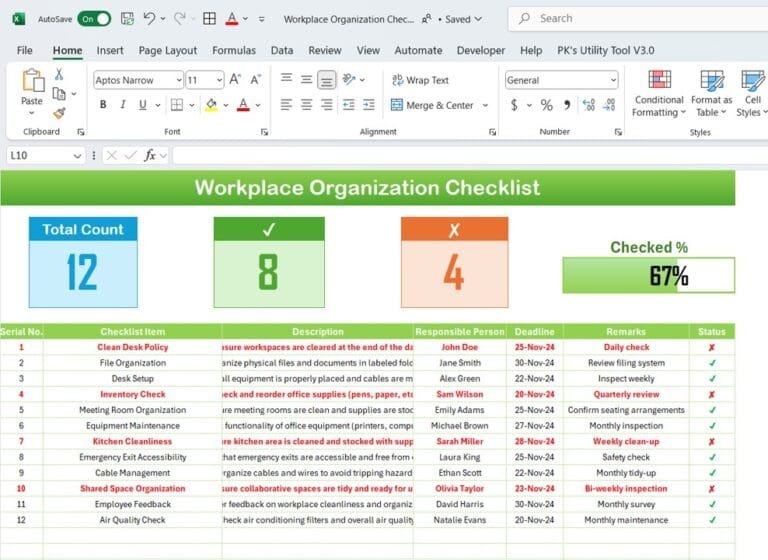 Workplace Organization Checklist in Excel - PK: An Excel Expert