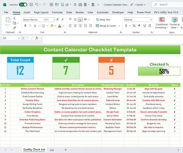 Content Calendar Checklist Template in Excel - PK: An Excel Expert