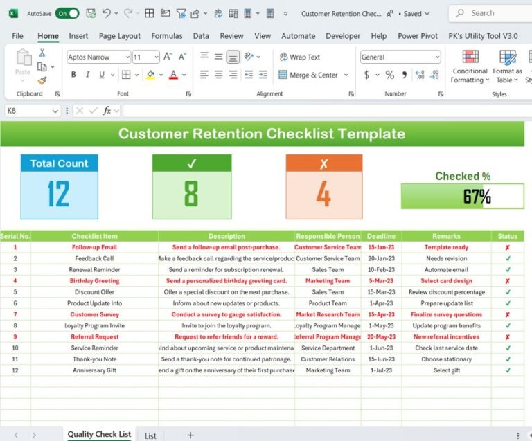 Customer Retention Checklist Template in Excel - PK: An Excel Expert