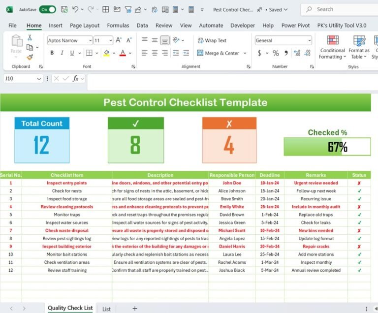 Pest Control Checklist Template in Excel - PK: An Excel Expert