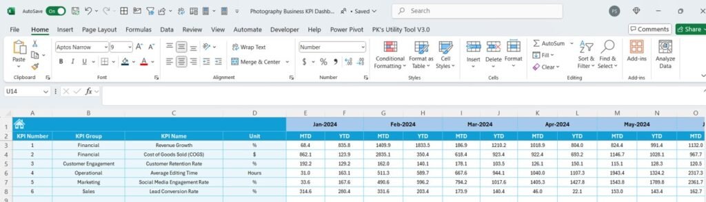 Photography Business KPI Dashboard in Excel - PK: An Excel Expert