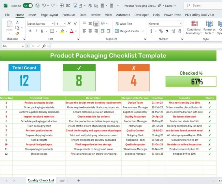 Product Packaging Checklist Template in Excel - PK: An Excel Expert