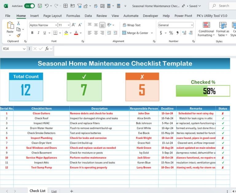 Seasonal Home Maintenance Checklist Template in Excel - PK: An Excel Expert