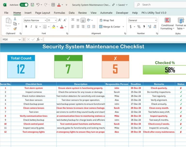 Security System Maintenance Checklist in Excel - PK: An Excel Expert