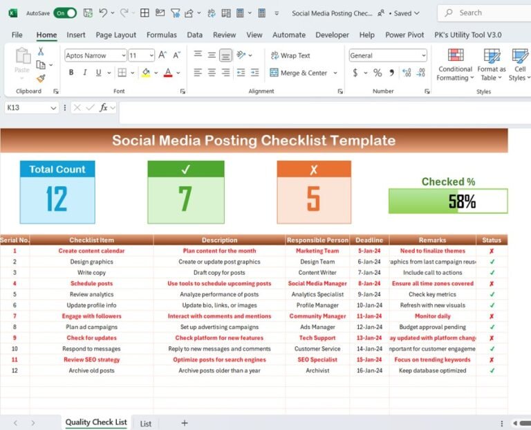 Social Media Posting Checklist Template in Excel - PK: An Excel Expert