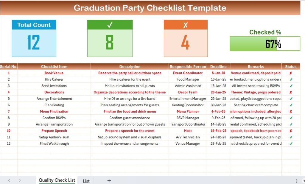 Graduation Party Checklist in Excel - PK: An Excel Expert