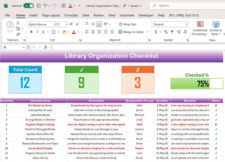Library Organization Checklist in Excel - PK: An Excel Expert