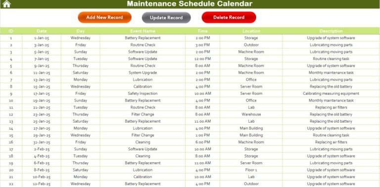 Maintenance Schedule Calendar-7 - PK: An Excel Expert