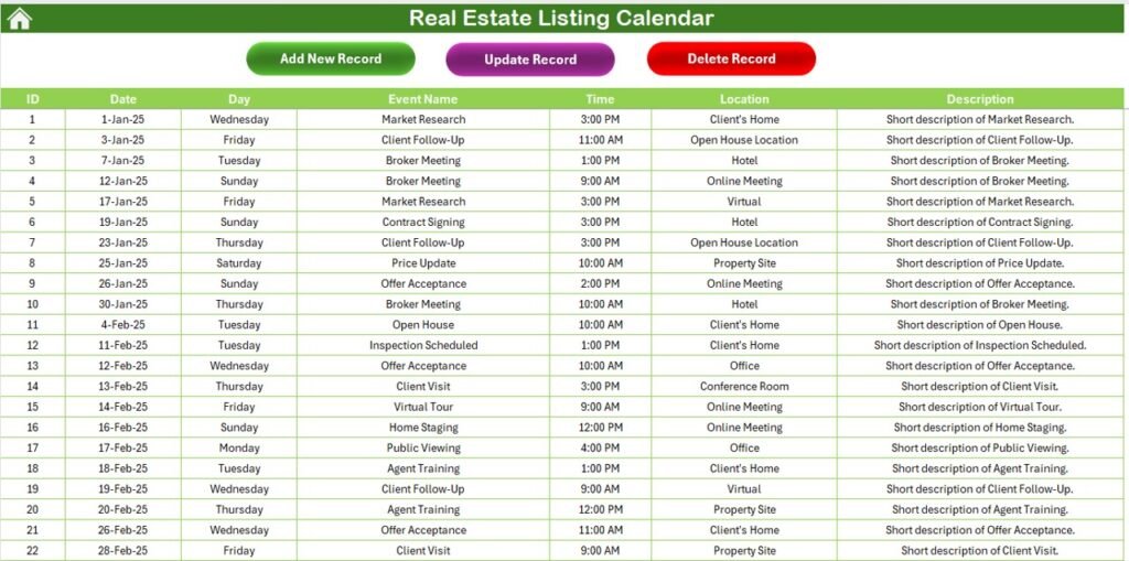 Real Estate Listing Calendar in Excel - PK: An Excel Expert