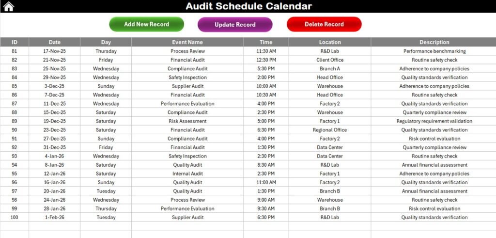 Audit Schedule Calendar in Excel - PK: An Excel Expert