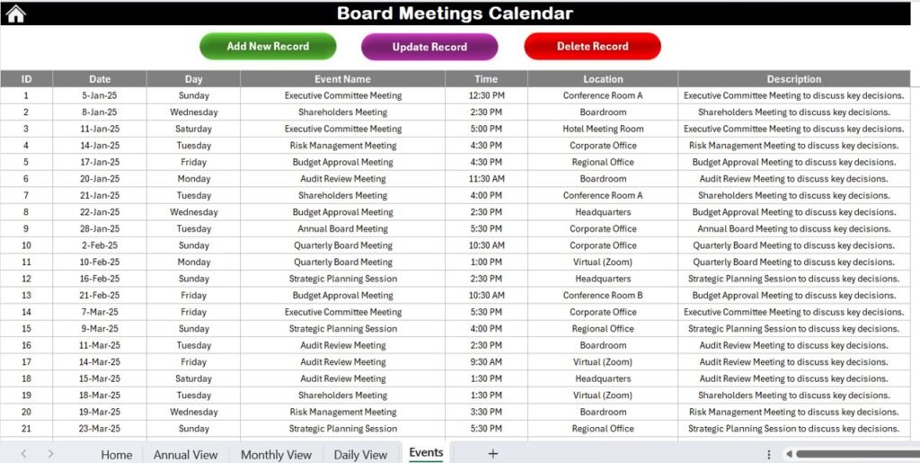 Board Meetings Calendar in Excel - PK: An Excel Expert