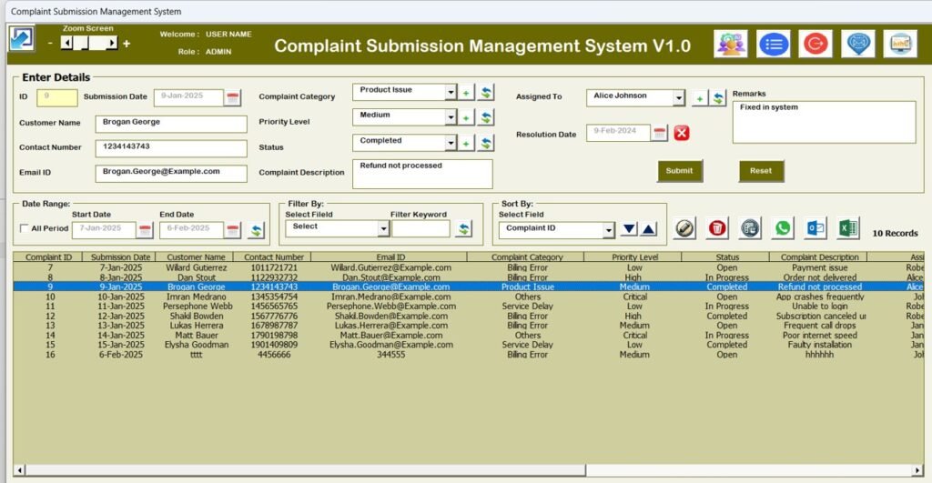 Complaint Submission Management System V1.0 - PK: An Excel Expert