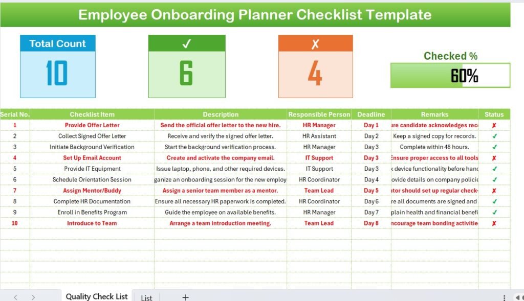 Employee Onboarding Planner Checklist in Excel - PK: An Excel Expert