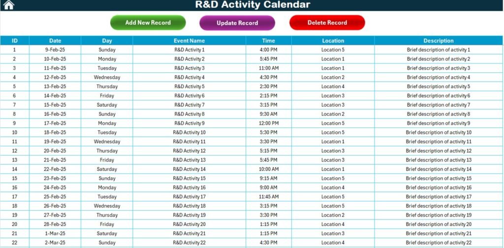 R&D Activity Calendar in Excel - PK: An Excel Expert