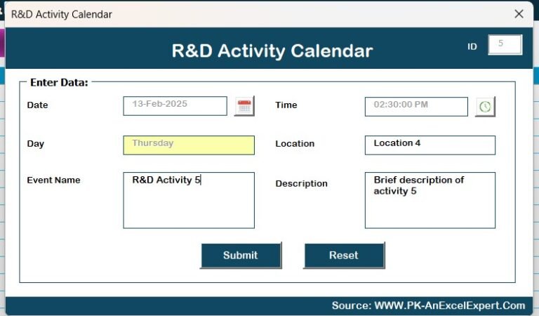 R&D Activity Calendar-9 - PK: An Excel Expert
