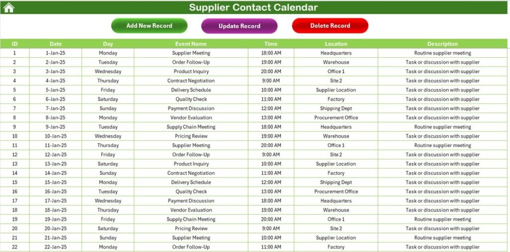 Supplier Contact Calendar in Excel - PK: An Excel Expert