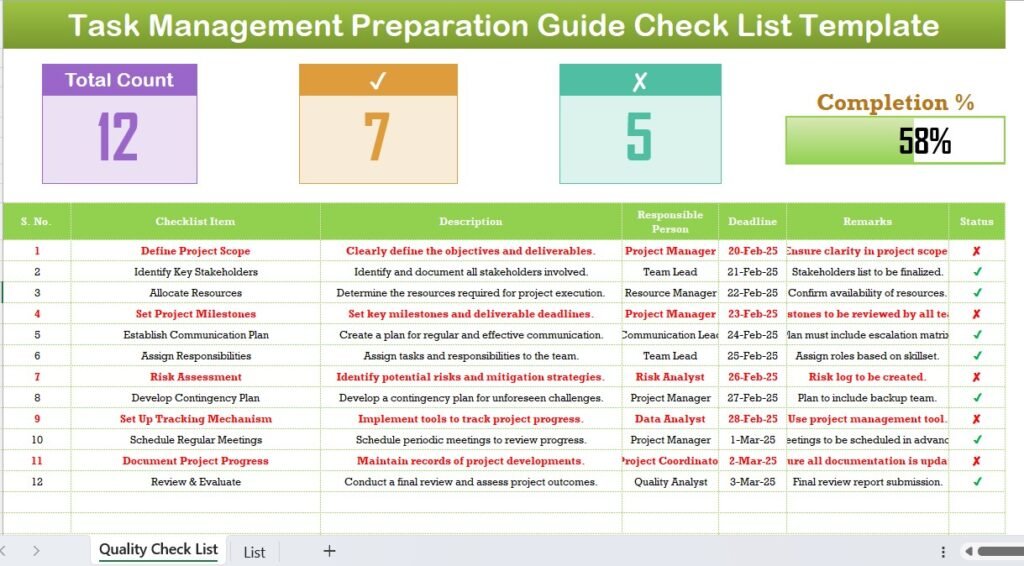 Task Management Preparation Guide Checklist in Excel - PK: An Excel Expert
