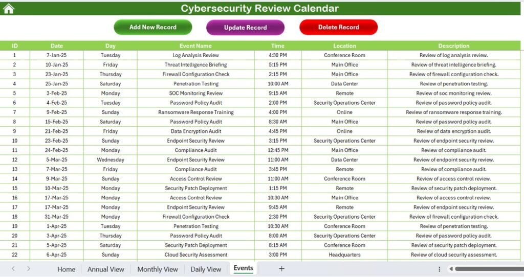 Cybersecurity Review Calendar in Excel - PK: An Excel Expert