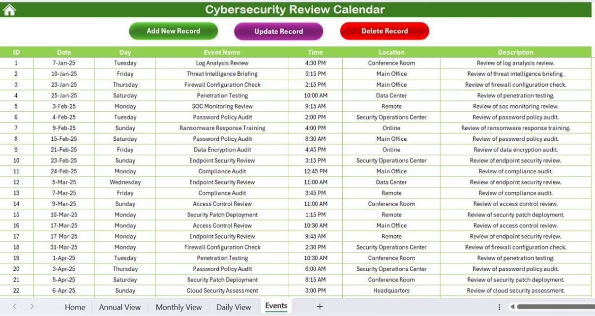Cybersecurity Review Calendar in Excel - PK: An Excel Expert