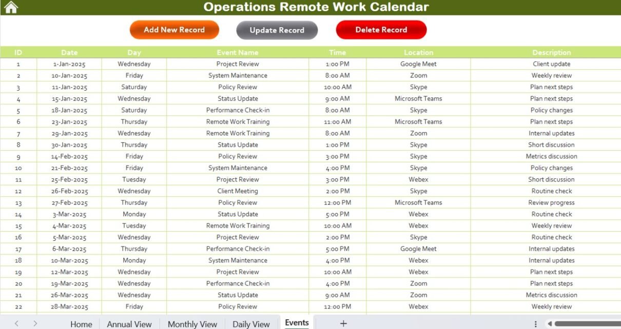 Operations Remote Work Calendar 7 - PK: An Excel Expert