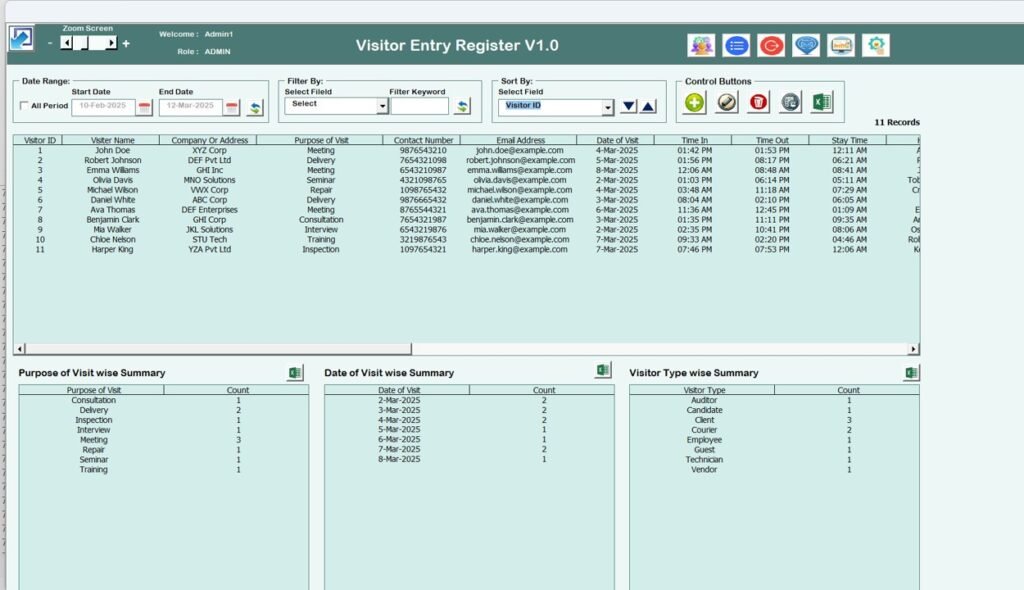Visitor Entry Register V1.0 in Excel - PK: An Excel Expert