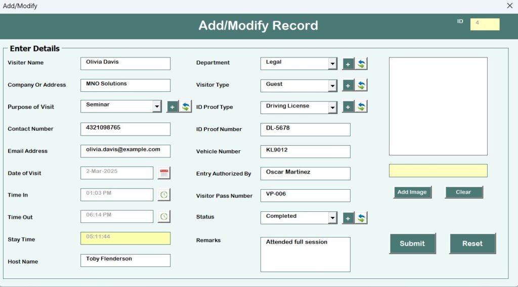 Visitor Entry Register V1.0 in Excel - PK: An Excel Expert