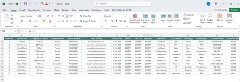 Visitor Entry Register V1.0 in Excel - PK: An Excel Expert