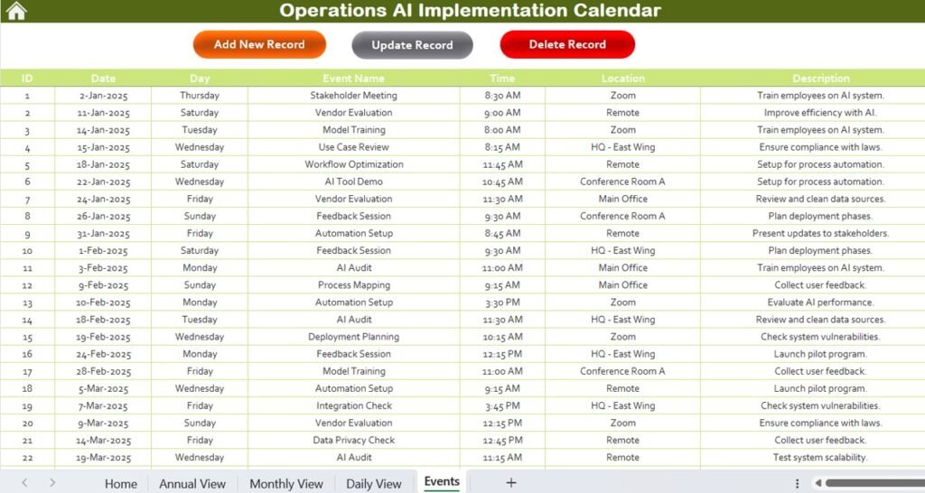 Operations AI Implementation Calendar in Excel - PK: An Excel Expert