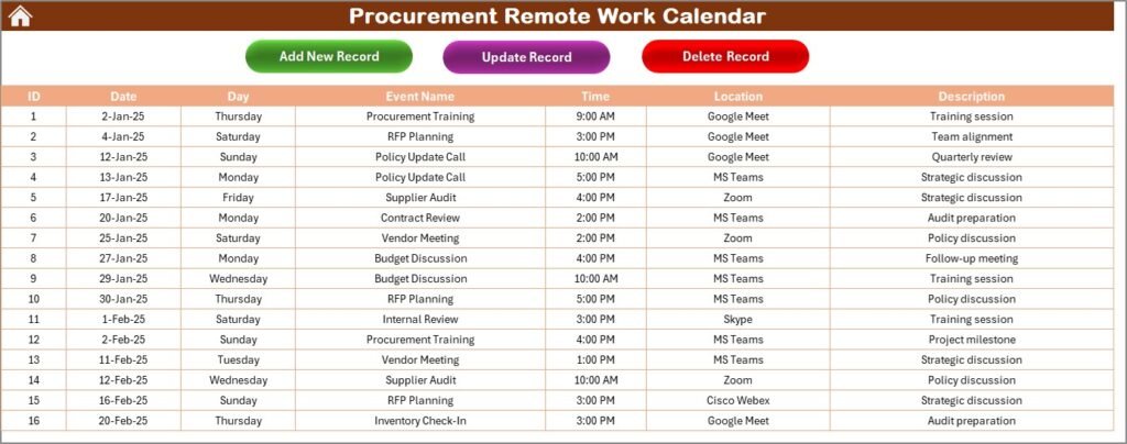 Procurement Remote Work Calendar in Excel - PK: An Excel Expert