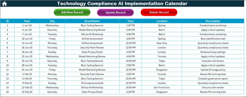 Technology Compliance AI Implementation Calendar in Excel - PK: An ...