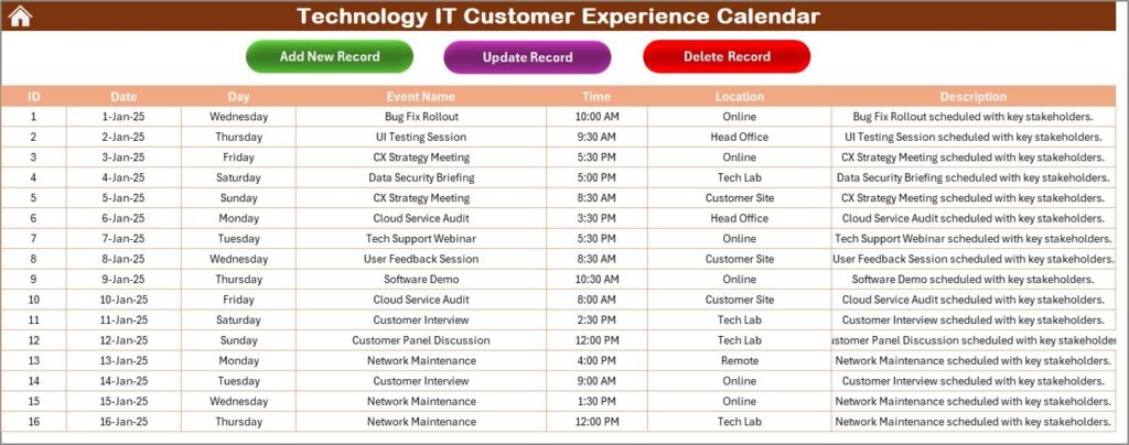 Technology IT Customer Experience Calendar in Excel - PK: An Excel Expert