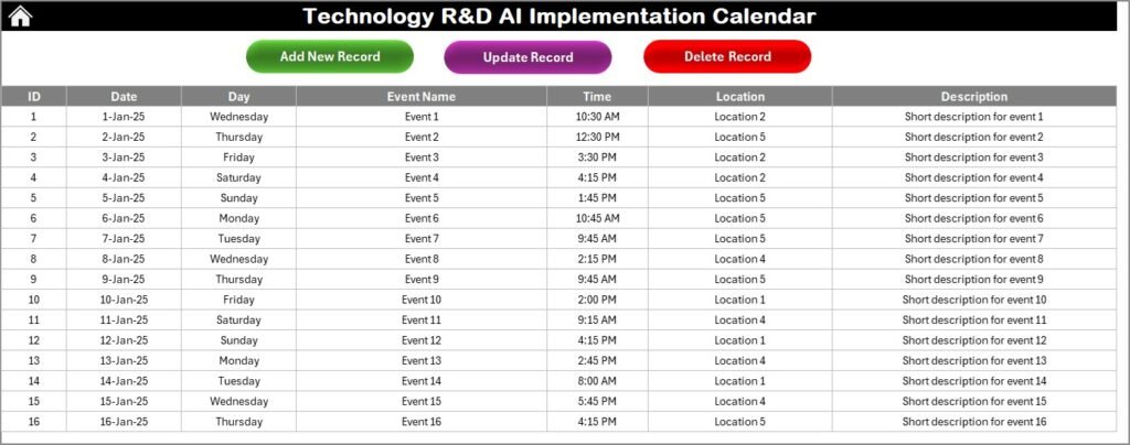Technology R&D AI Implementation Calendar in Excel - PK: An Excel Expert