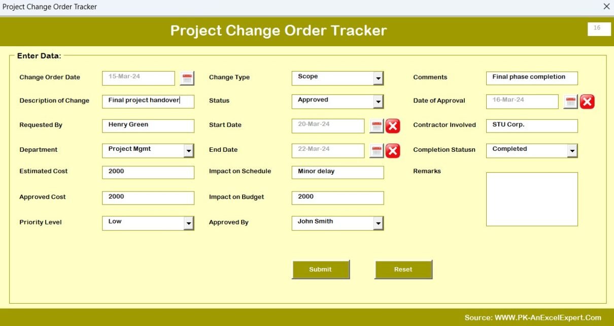 Project Change Order Tracker in Excel 5 - PK: An Excel Expert