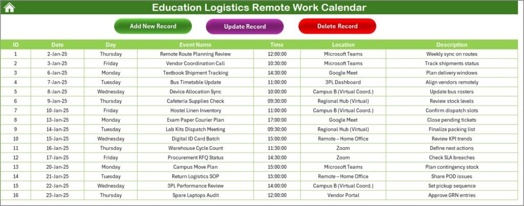 Education Logistics Remote Work Calendar in Excel - PK: An Excel Expert