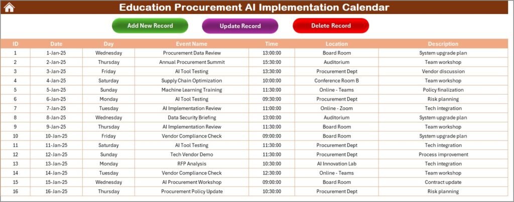 Education Procurement AI Implementation Calendar in Excel - PK: An ...