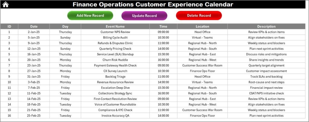 Finance Operations Customer Experience Calendar in Excel - PK: An Excel ...