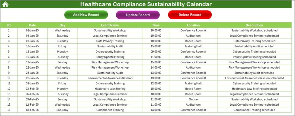 Healthcare Compliance Sustainability Calendar in Excel - PK: An Excel Expert