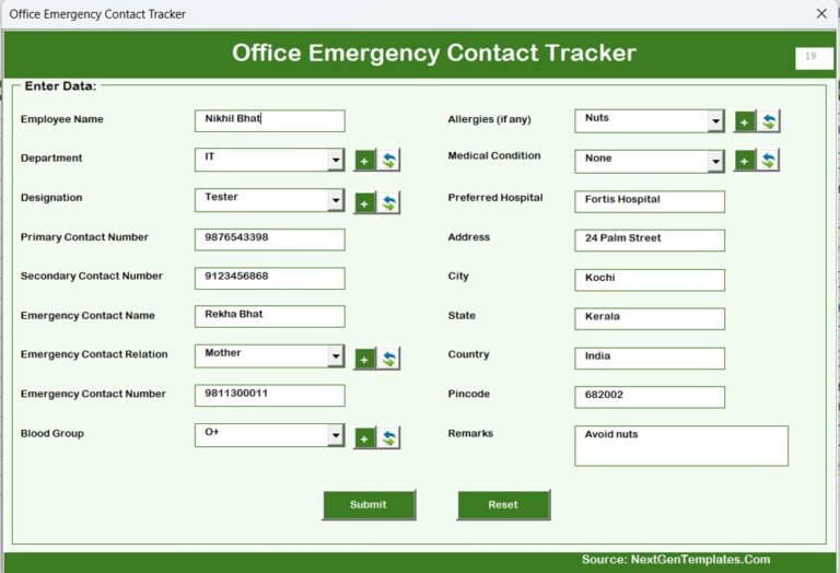 Office Emergency Contact Tracker in Excel - PK: An Excel Expert