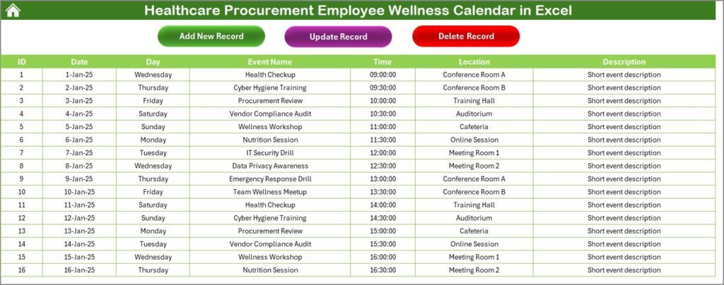 Healthcare Procurement Employee Wellness Calendar in Excel - PK: An ...
