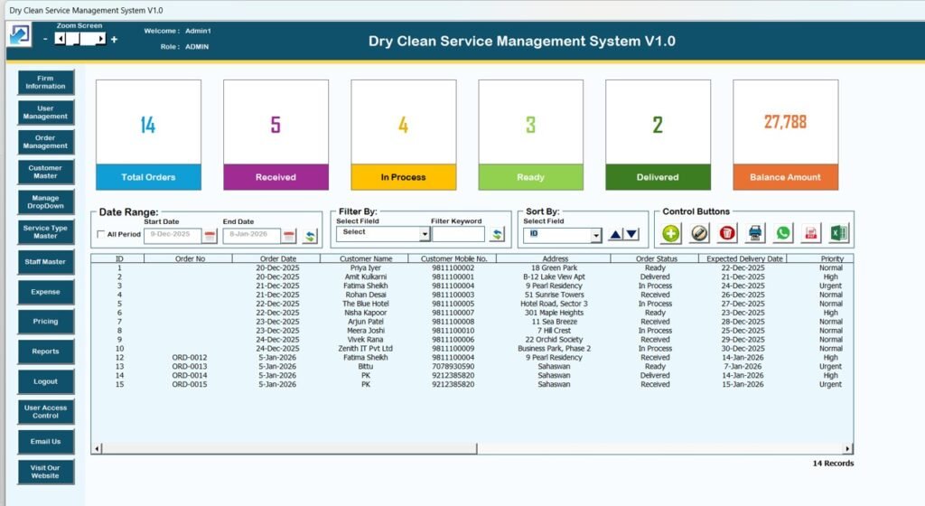 Dry Clean Service Management System V1.0 -2 - PK: An Excel Expert