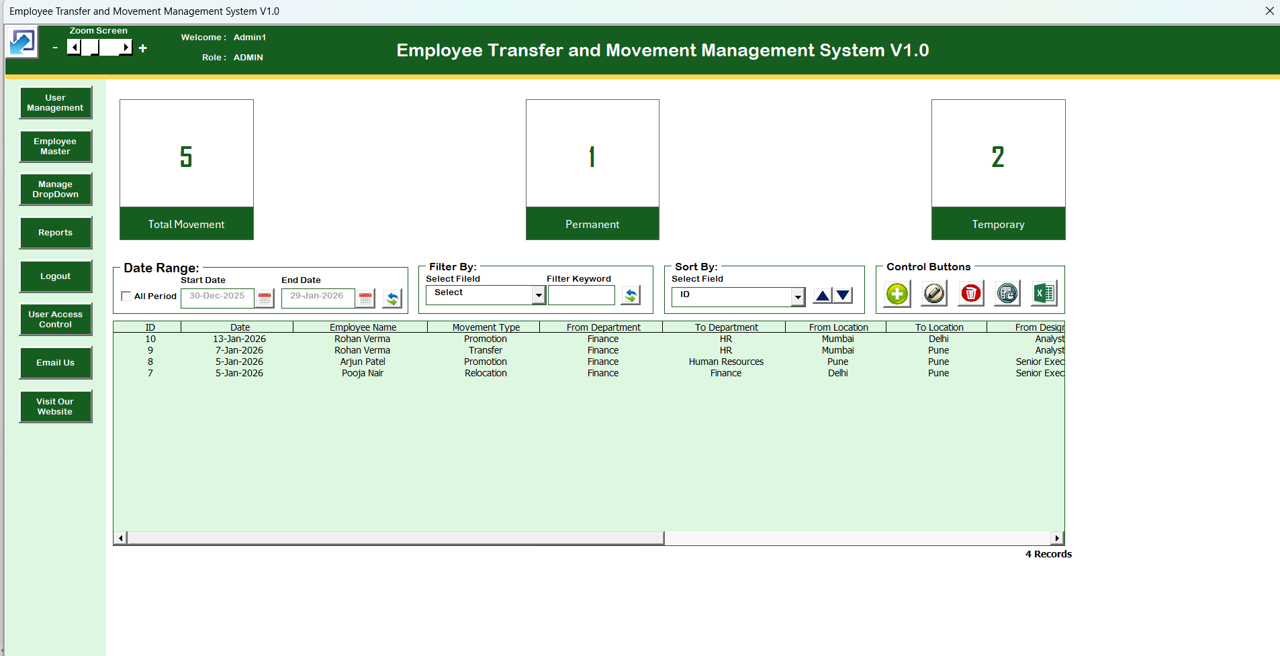Employee Transfer and Movement Management System V1.0 in Excel VBA - PK ...
