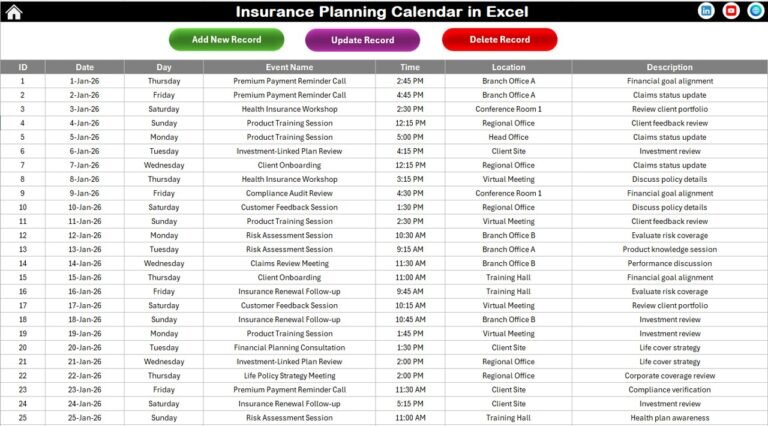 Insurance Planning Calendar in Excel - PK: An Excel Expert